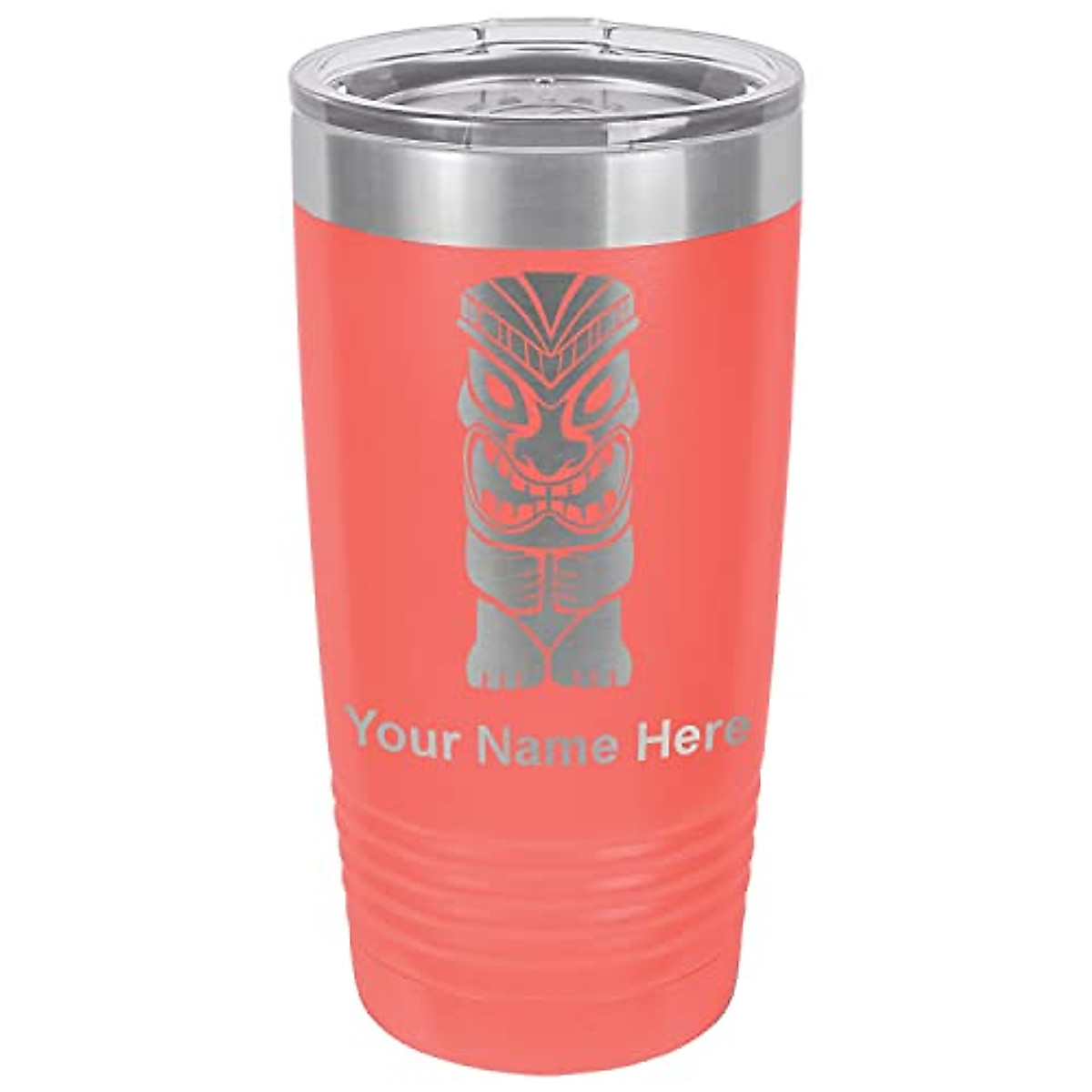 LaserGram 20oz Vacuum Insulated Tumbler Mug, Tiki Statue, Personalized Engraving Included (Coral)