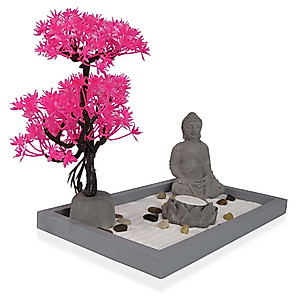 Japanese Zen Garden Lotus Candle Holder - Mini Pink Bonsai Garden with Buddha Statue or Relaxation and Meditation - Perfect Home Desk Decor and Gift Set - Gray, 8.75" x 12.5" x 9"