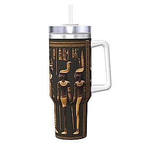 HULIBIN Ancient Egyptian Hieroglyph Print Double Deck Stainless Steel Travel Coffee Cup With Lid 40 Oz Ice Bully Cup