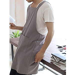 losofar Women Men Cotton/Linen Japanese Style Cross Back Aprons Pinafore Dress with Two Pockets for Cooking, Housewarming, Daily Chores(grey, 24×27.6inch)
