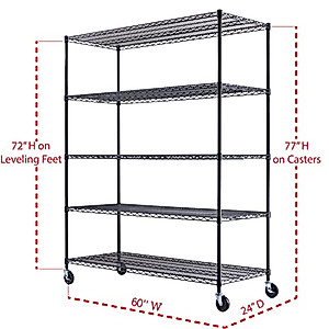 60" x 24" x 72" Black 5-Tier Wire Shelving NSF 3000 LBS Max Capacity Heavy Duty Steel Storage Rack for Restaurant, Warehouse, Commercial, Industrial, and Hospital Uses (Includes Casters)