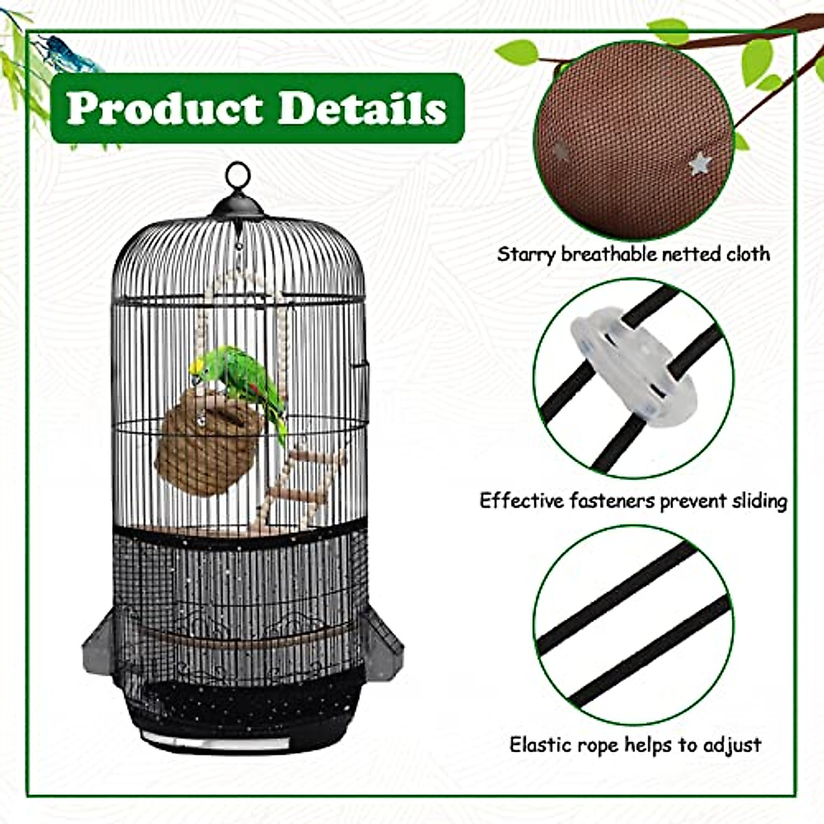 ZOCONE 2 PCS Adjustable Bird Cage Net Cover, Bird Seed Guards & Catchers, Starry Stretchy Adjustable Drawstring Bird Cage Mesh Net Cover, Round Square Birdcage Skirt (Black)
