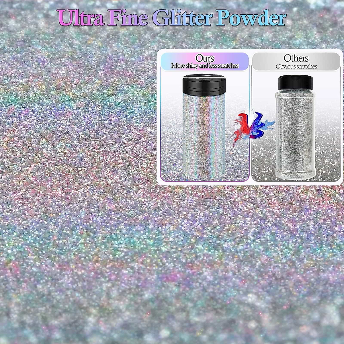 Fine Holographic Glitter Iridescent Silver Glitter Powder, Multipurpose Laser Silver Fine Glitter Bulk Makeup Glitter Metallic Resin Glitter for Tumblers Slime Craft Nail Body Face Hair (7.05oz,200g)