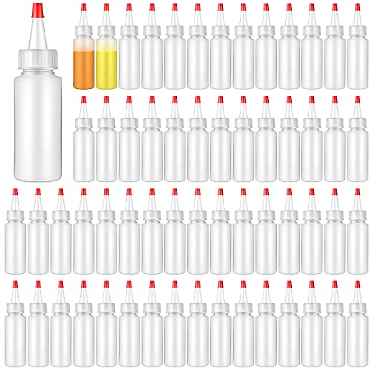 80 Pcs 2 oz Plastic Small Condiment Squeeze Bottles with Red Tip Caps Squirt Refillable Round Mini Squeeze Bottle for Glues Paints Arts Craft Sauce Ketchup Oil Icing Cookie Food Decorating BBQ Syrup