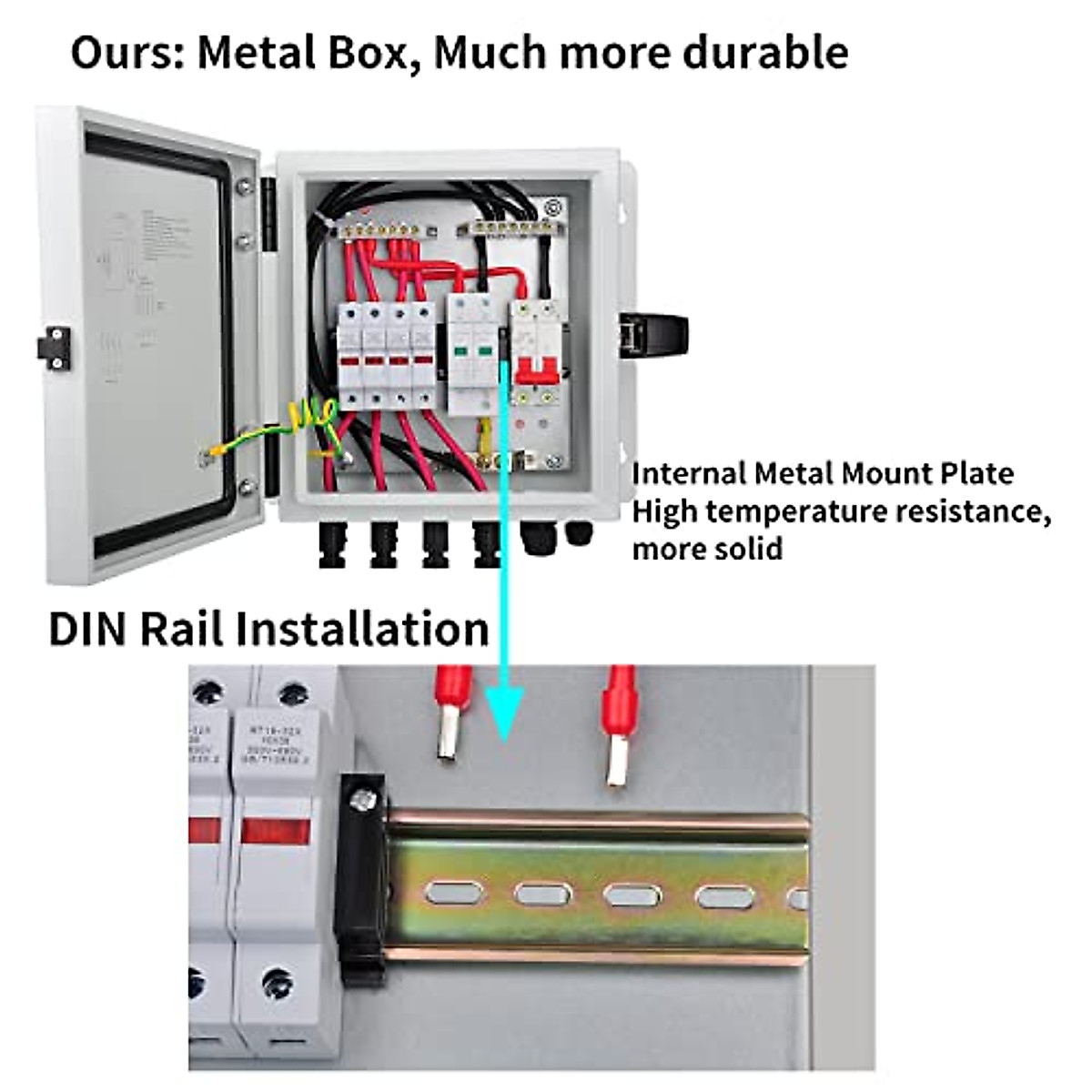 PowGrow PV Combiner Box, 4 String Metal Solar Combiner Box with 15A Rated Current Fuse, Surge Protective Device and 50A Air Circuit Breaker for On/Off Grid Solar Panel System, Pre-Wired Cable