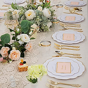 BUCLA 180 Gold Plastic Plates with Disposable Plastic Silverware include 30 Dinner Plates, 30 Salad Plates, 30 Forks, 30 Knives, 30 Spoons,30Cups for Wedding and Thanksgiving Party