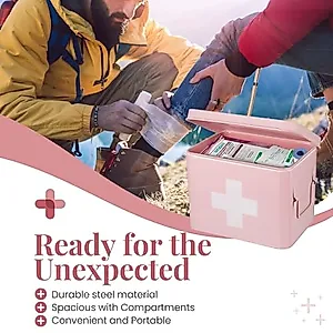 Flexzion First Aid Box Organizer, Empty 8.5 Inch Pink Vintage First Aid Kit Tin Metal Medical Box First Aid Storage Box Container Bins with Dividers, Removable Tray and Cross Logo