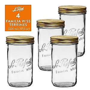 Le Parfait Familia Wiss Terrine Wide Mouth French Glass Jar w/Airtight 2-Piece System Gold Lids | Ideal for Canning, Food Storage, Meal Prep, Cake Jar & DIY Crafts| 32oz Quart (Pack of 4) 1L