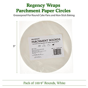 Regency Wraps Parchment Paper Circles For Round Cake Pans, Greaseproof Liners for Non-Stick Baking, 9" (Pack of 100), White