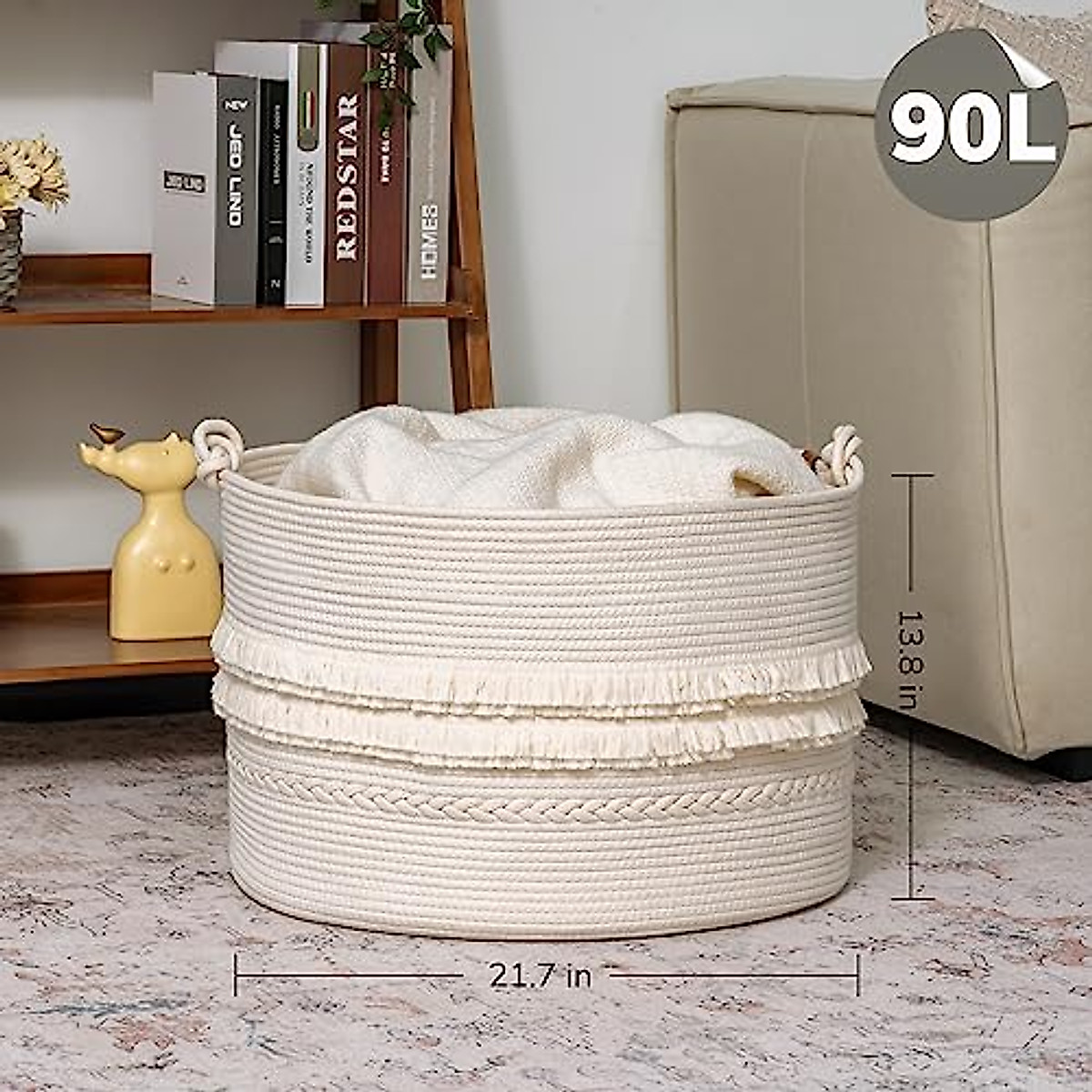 TIMEYARD Large Decorative Basket, 21.7'' x 13.8'' Cotton Rope Blanket Basket Living Room Toy Baskets Storage Kids, Baby Laundry Baskets for Dirty Clothes Pillows Towel, 90L White