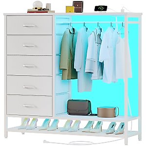 Dresser for Bedroom, Dresser with Hanging Rack Led Lights and Charging Station, White Bedroom Dresser with 5 Fabric Chest of Drawers with PU Finish Storage Organizer, for Living Room Kids Room, White