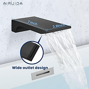 Airuida Wall Mount Tub Faucet with Waterfall Tub Spout Wall Mounted Bathtub Faucet with Handheld Shower Single Handle Tub Filler Shower Faucet Set with Rough-in valve Straight Spout Matte Black