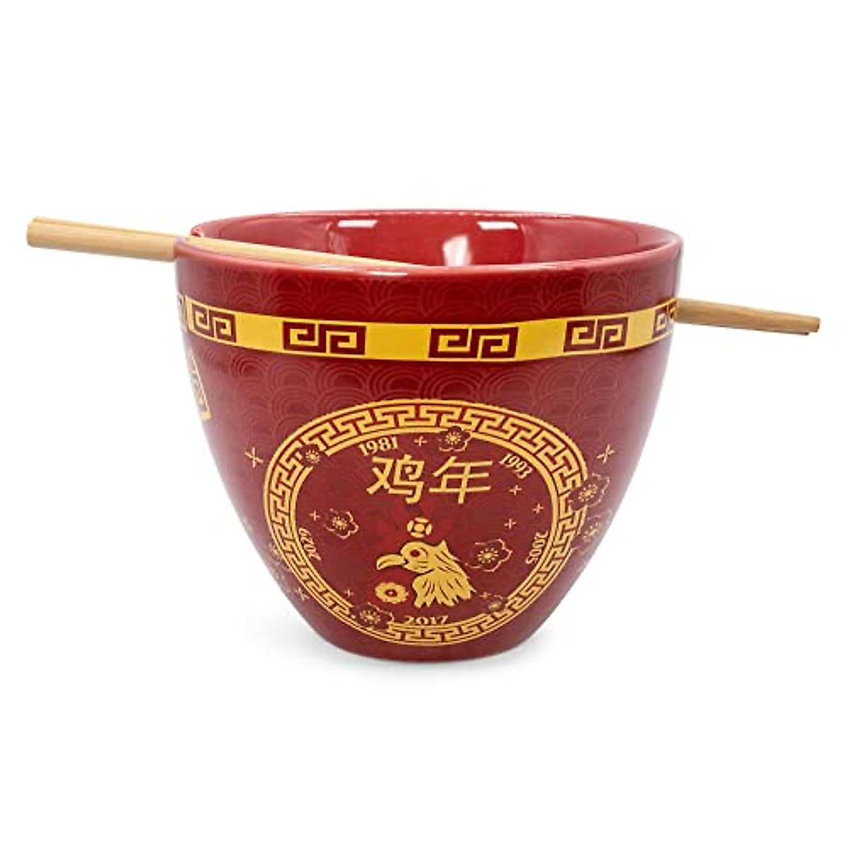 Year Of The Rooster Chinese Zodiac Ceramic Dinnerware Set | Includes 16-Ounce Ramen Noodle Bowl and Wooden Chopsticks | Asian Food Dish Set For Home & Kitchen | Kawaii Lunar New Year Gifts
