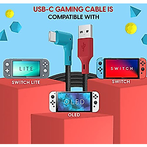 TALK WORKS Fast Charging Cable Compatible with Nintendo Switch, Switch Lite & OLED - USB-C Charger Cables - 10 ft. Long, Right-Angle Cable for Comfortable Mobile Gaming - Blue/Red (2 Pack)