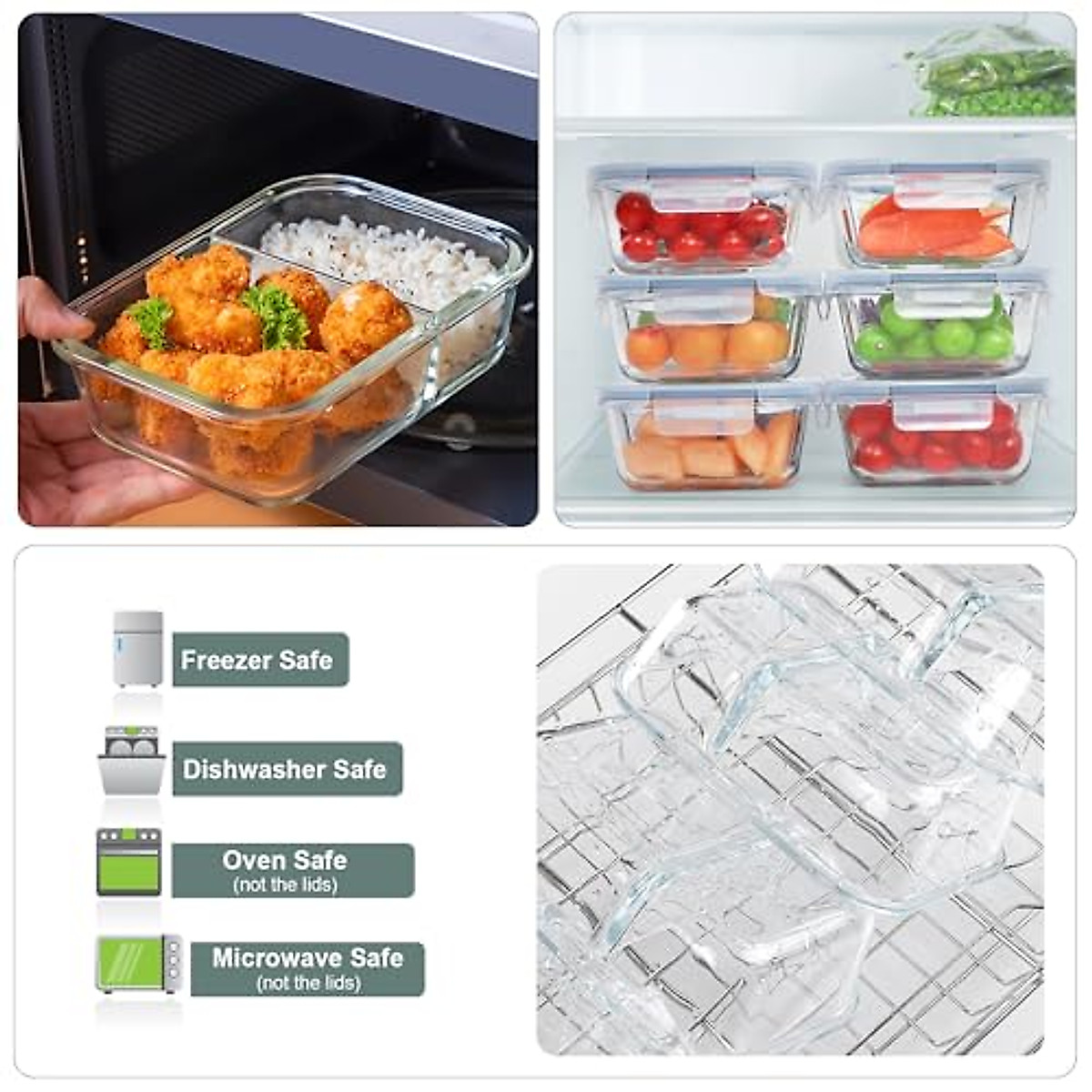 BAYZZ 10 Packs 30 oz Glass Meal Prep Containers 2 Compartment, Glass Food Storage Containers with Lids, Airtight Glass Lunch Bento Box, Freezer,Dishwasher and Microwave Safe