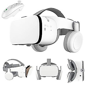 3D VR Virtual Reality Headset, VR Glasses Goggles w/ Bluetooth Headphone [Newest] for iPhone 12 11 Pro Max Mini X R S 8 7 Samsung Galaxy S10 S9 S8 S7 Edge Note/A 10 9 8 + etc 4.7-6.2" Cellphone, White