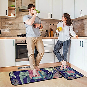 BOENLE Kitchen Rugs and Mats Non Skid Washable Kitchen Rug Set 2 Piece Elephant Tiger Flower Carpet Ergonomic Comfort Standing Mat for Kitchen,Bathroom, Laundry