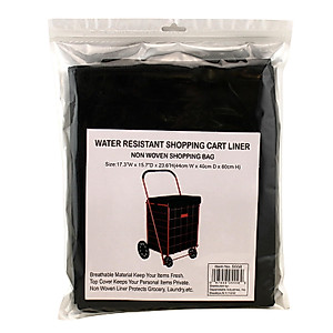 Utility Folding Shopping Cart Liner with Privacy Top Cover - Water Resistant, Lightweight, Non-Woven, Breathable Material, Fastens Securely - Protects Groceries and Laundry During Transit (Black)
