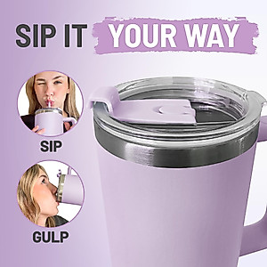 Crave Cups 40oz Tumbler with Lid and Straw l Reusable Spill Proof Double Wall Insulated Stainless Steel Water Bottle Travel Mug l Cupholder Friendly Vacuum Sealed Tumbler with Handle (Lavender)