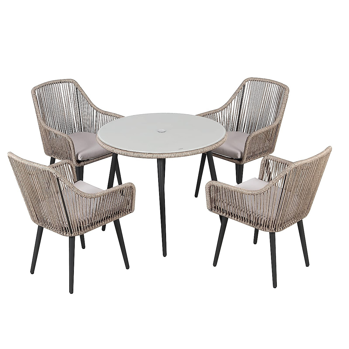 Patiorama 5-Piece Patio Dining Set, Outdoor Dining Table Chair Set, All-Weather Twisted Rattan Wicker Rope Conversation Set, Patio Furniture Set w/Umbrella Hole, 4 Cushioned Chairs&Glass Table(Tan)