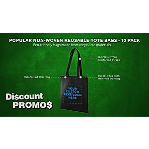 Tote Bags - Non-Woven Bag Totes - 10 pack - Customizable Text, Logo - Reusable Polypropylene Cloth Fabric - Black