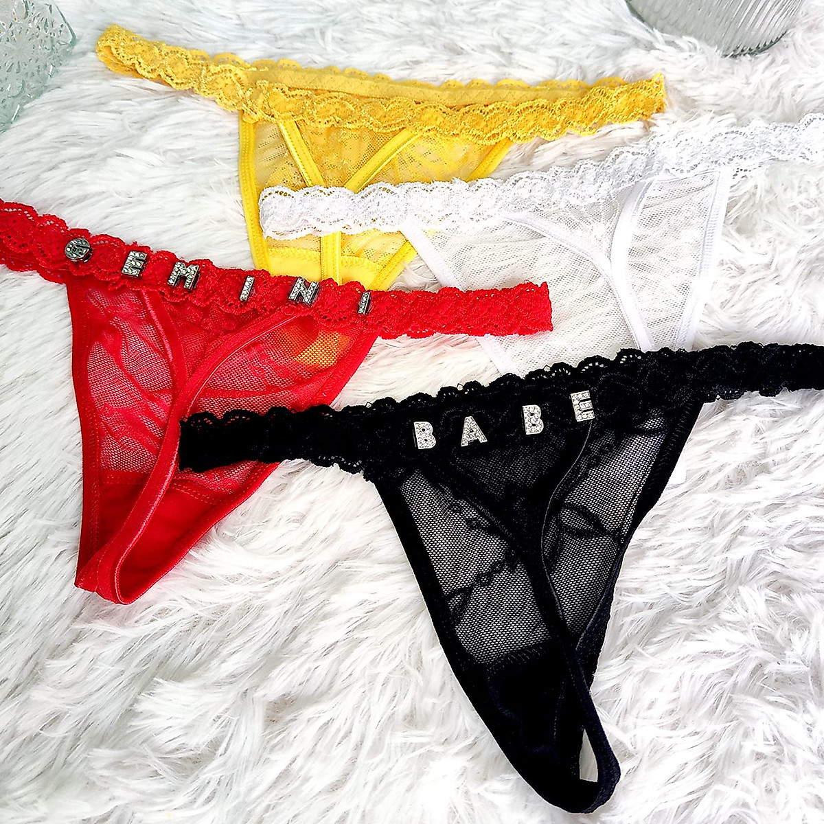 Women Custom G-String Thongs Crystal Name Lace Thong Customized Letter Panties Transparent Low Waist Briefs Underpants (Red)