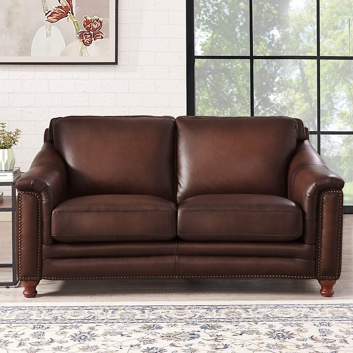 Hydeline Belfast Top Grain Leather Sofa and Loveseat, Caramel Brown, Feather Down, Memory Foam and Springs Seating