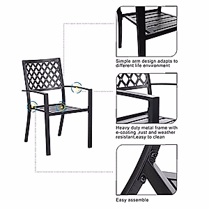MFSTUDIO Black Metal Patio Stacking Chairs Wave Back Indoor Outdoor Dining Set Wrought Iron Chair with Arm, Set of 6