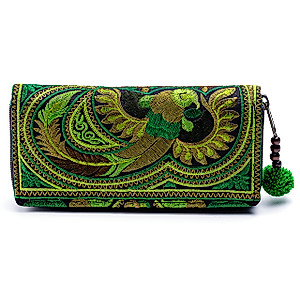 changnoi Unique Handmade Women's Wallet Thai Hmong Embroidered Fabric (Bird Green)