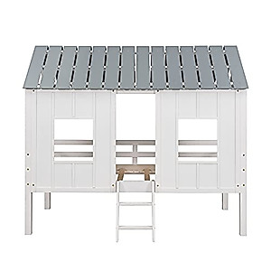 Merax Twin Size Wooden House Bed, Low Loft Bed Frames with Two Front Windows and Roof for Girls and Boys, White(Grey Roof)