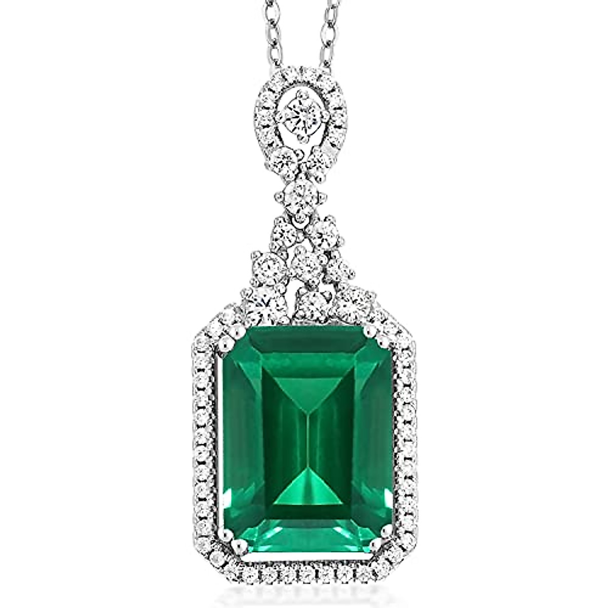 Gem Stone King 925 Sterling Silver Green Simulated Emerald Pendant Necklace For Women (7.10 Cttw, Emerald Cut 14X10MM, with 18 Inch Silver Chain)