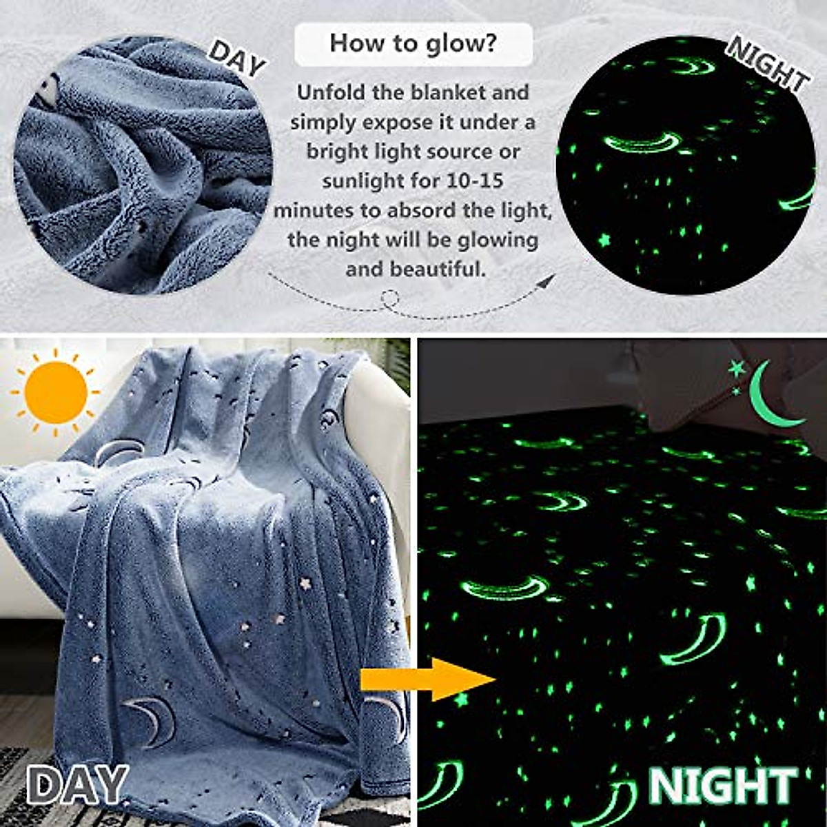 Glow in The Dark Throw Blanket, Moon and Stars Soft Warm Cozy Fuzzy Plush Blanket for Kids Teenage Boys Girls Women Best Friend Birthday Christmas (50 x 60 inches Blue)