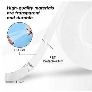 Phinus Nano Double Sided Tape, 5m/16.5ft Easy Tape Heavy Duty, Washable Strong Wall Tape Removable Transparent Sticky Tape for Home and Office (1.18inch)