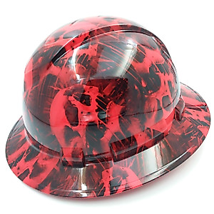 Wet Works Imaging Customized Pyramex Full BRIM RED Evil MELTING SKULL HARD HAT with Ratcheting Suspension