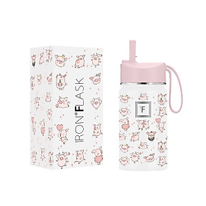 IRON °FLASK Kids Water Bottle - Straw Lid, 20 Name Stickers, Vacuum Insulated Stainless Steel, Double Walled Tumbler Travel Cup, Thermos Mug - Piggy Time, 14 Oz