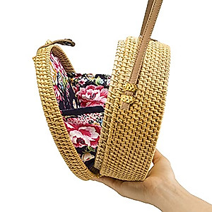 Natural NEO Handwoven Round Rattan Bag Shoulder Leather Straps Natural Chic Hand