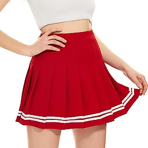 DRESS NICES Women Pleated Skirt A-Line Short Mini Basic Skirt School Uniform Cheerleader Skirts Skater Skirt Red White Strip M