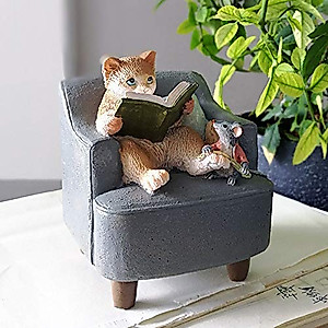 Amusing Mini Cat Reading Statue Figurine Ornament Home Garden Lawn Decor for Bookshelf Flowerpot