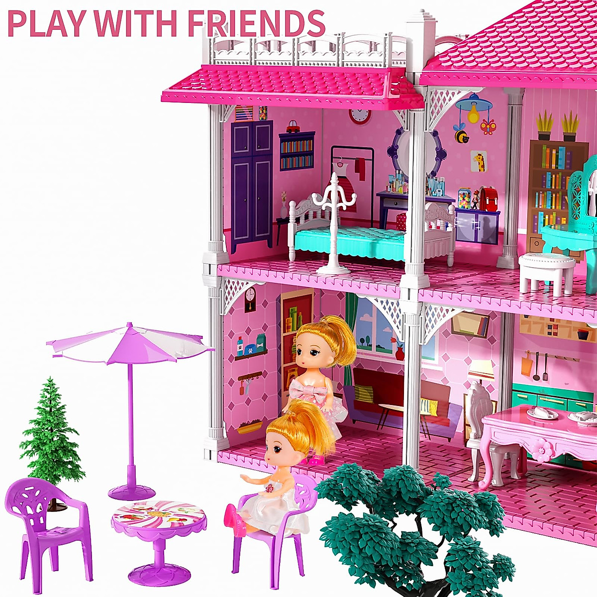 TEMI Villa Toys for 3 4 5 6 7 8 Years Old Girls - 4 Storeys 12 Rooms, Indoor Playset with 2 Dolls Toy Figures, Toys Furniture and Accessories, Pretend Girls Plays, Building Toys, Gifts Toy