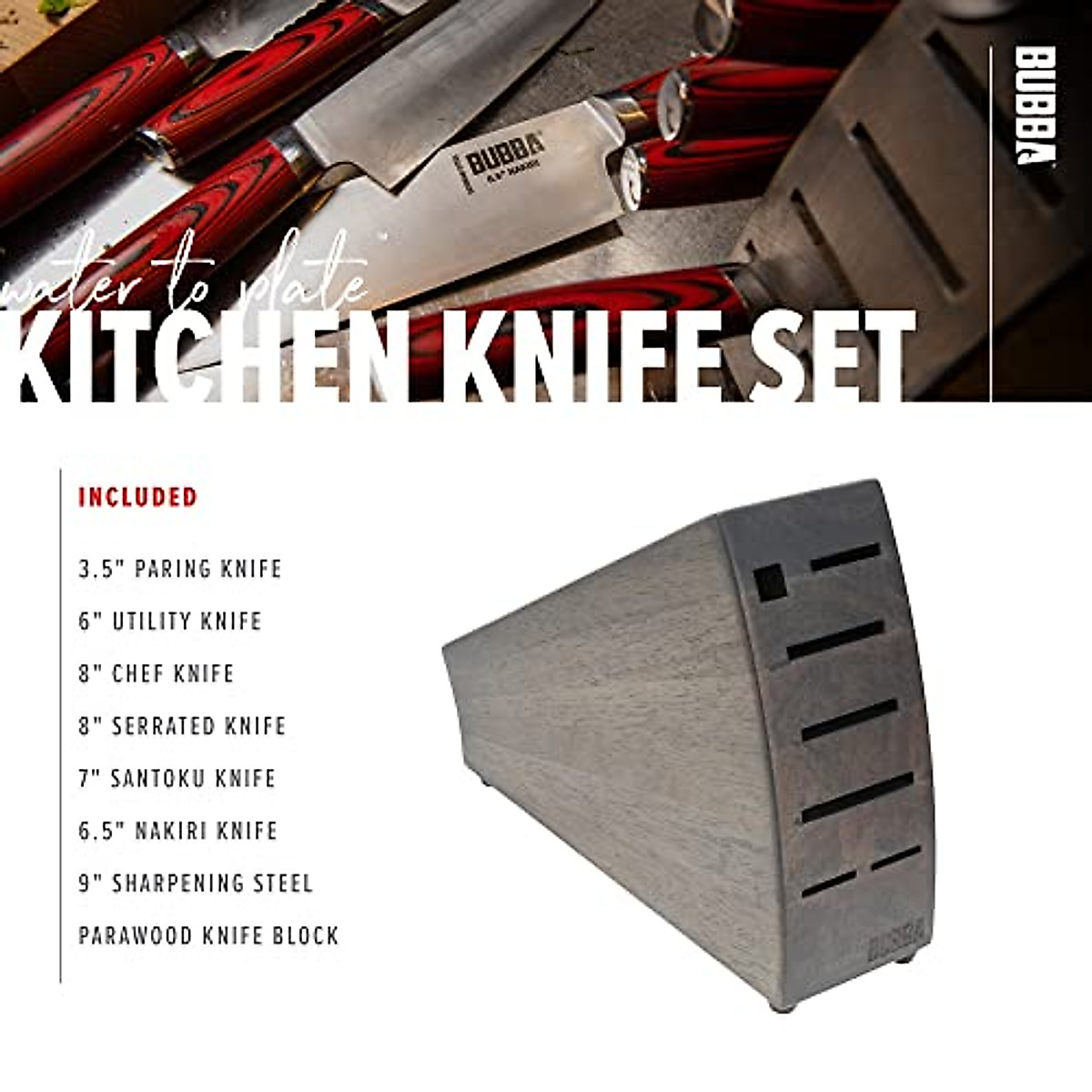 BUBBA Kitchen Knife Set for all your kitchen cutting needs with G10 Handles, Premium German Stainless Steel and a Parawood Knife Block.