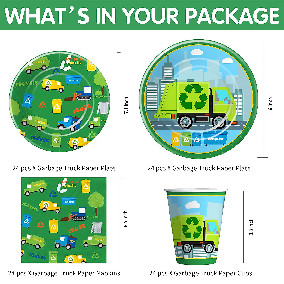 Xigejob Garbage Theme Trash Truck Birthday Party Supplies, Garbage Truck Party Decorations Dinnerware, Plate, Cup, Napkin, Waste Recycling Trash Truck Party Supplies For Birthday Baby Shower, Serve 24