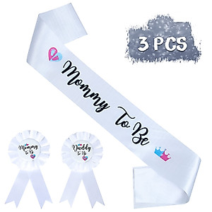 HAPPYLAND Gender Reveal Decorations Sash and Tinplate Badge Mommy to Be and Daddy to Be Baby Shower
