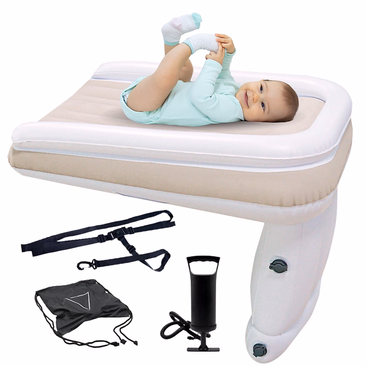 eirix Inflatable Toddler Travel Bed, Portable Baby/Toddler Bed Airplane Footrest Airplane Seat Extender for Kids Suit for Economy Seats, Train, Car (White)