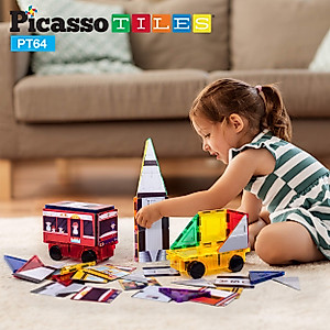 PicassoTiles Magnet Building Blocks STEM Learning Construction Toy Set Early Education Kit 3-in-1 Rocket, School Bus, Train Theme Stick-On Puzzle Pretend Play Magnetic Tiles Kids Building Block Toys