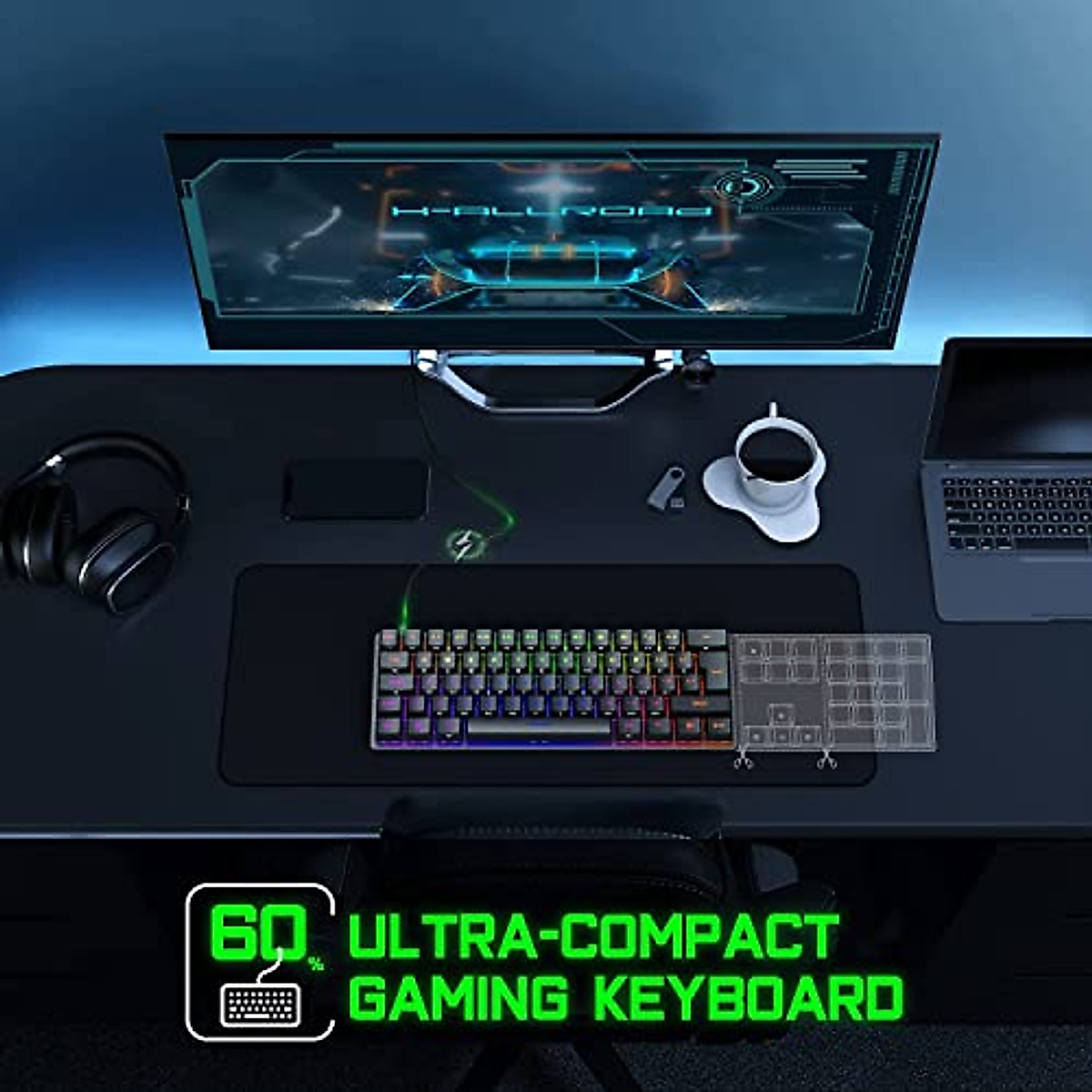 Compact 60% Mechanical Gaming Keyboard with Ergonomic Anti-ghosting Mini 61 Key Layout Rainbow RGB Backlight Waterproof Metal Plate Type-C USB Wired for PC Mac Gamer Office Typist (Black/Blue Switch)