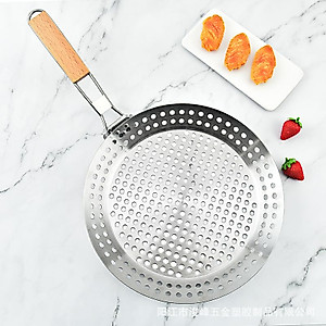Bafnsiji Stainless Steel Grill Pan with Hole, Non-Stick BBQ Frying Pan, Non-Stick Barbecue Skillet, 430 Stainless Steel Grilling Pans, Folding Wooden Handle BBQ Pan