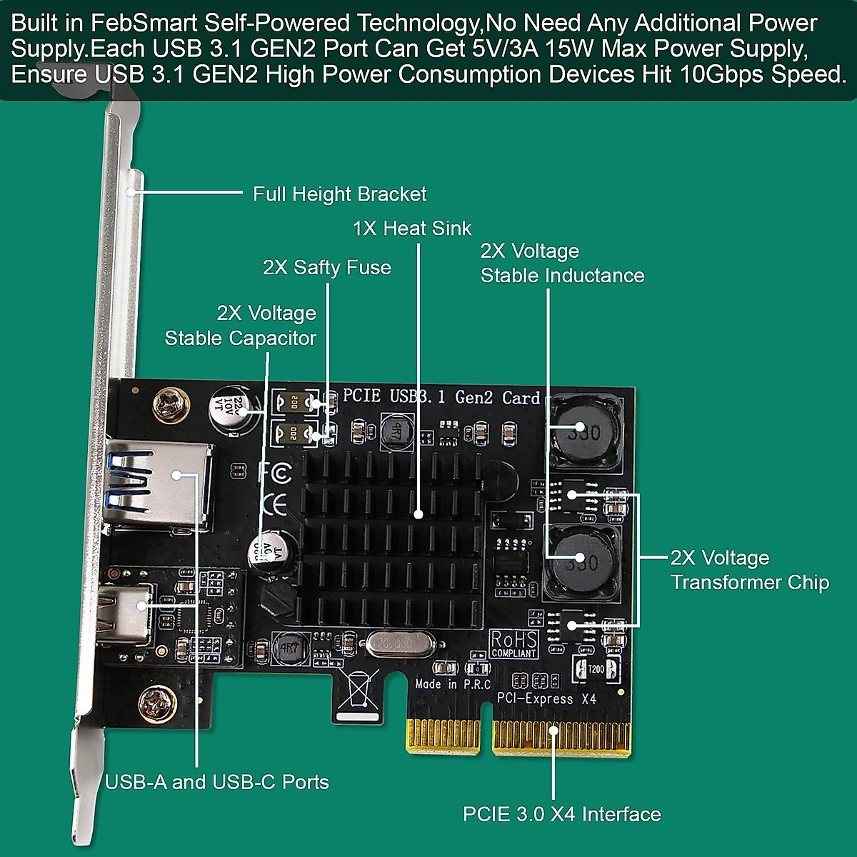 FebSmart 1X USB-A & 1X USB-C 10Gbps Ports PCIE USB 3.1 GEN2 Expansion Card for Windows 11, 10, 8.x, 7 (32/64bit), Windows Server, MAC OS and Linux PCs, Built in Self-Powered Technology (FS-AC-Pro)