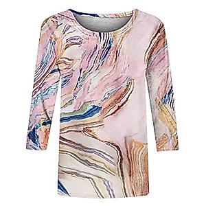 Running Tank Tops for Women 3/4 Sleeve Tops Cute Trendy 2023 Spring Shirts Graphic Tees Casual Regular Fit Crewneck Marble Print Blouse