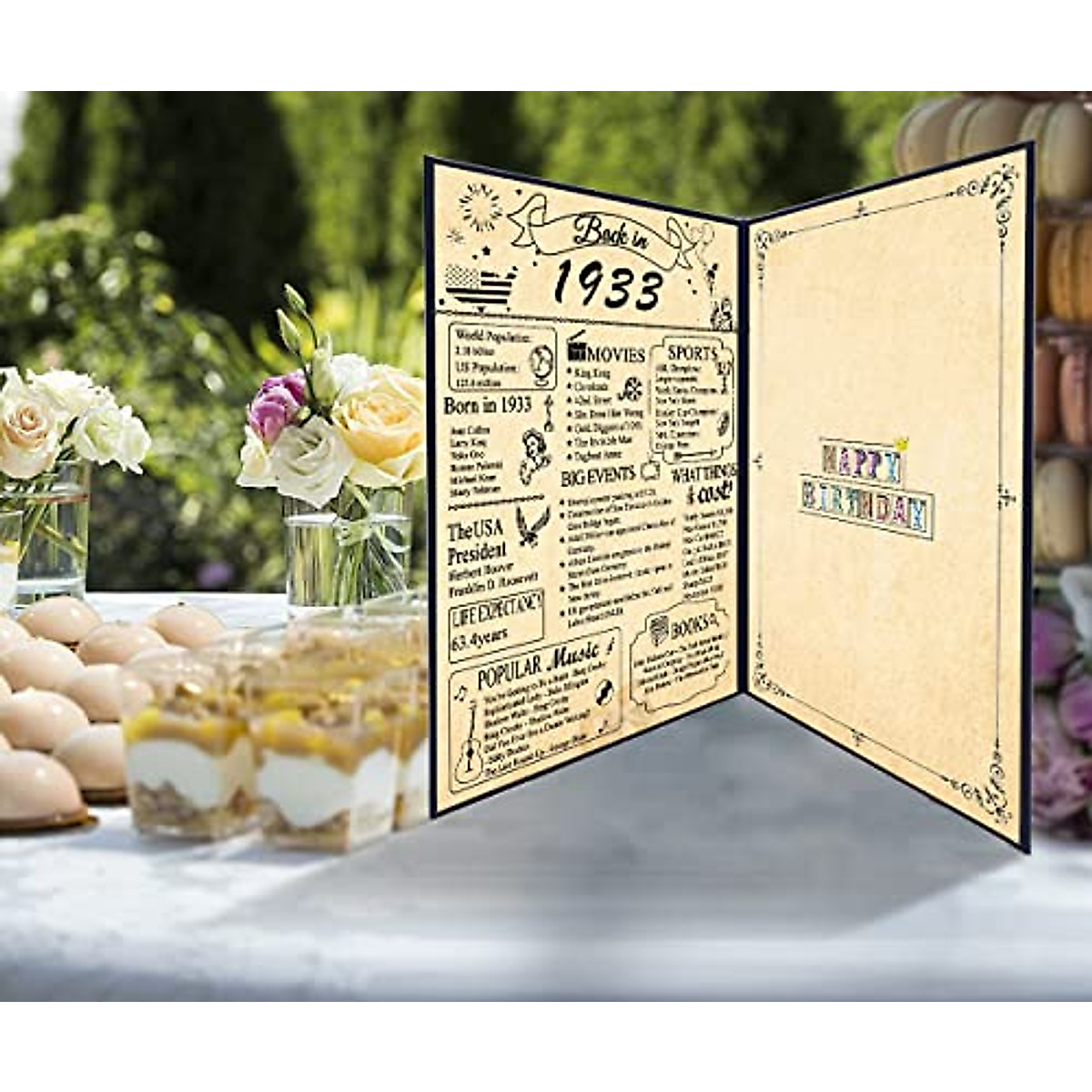 Kiufodut Twin-Fold 90th Birthday Decorations Signature Card,90th Anniversary Certificate Gift, Signing Anniversary Board For Women Or Men. Back In 1933（Blue Shell Surface）