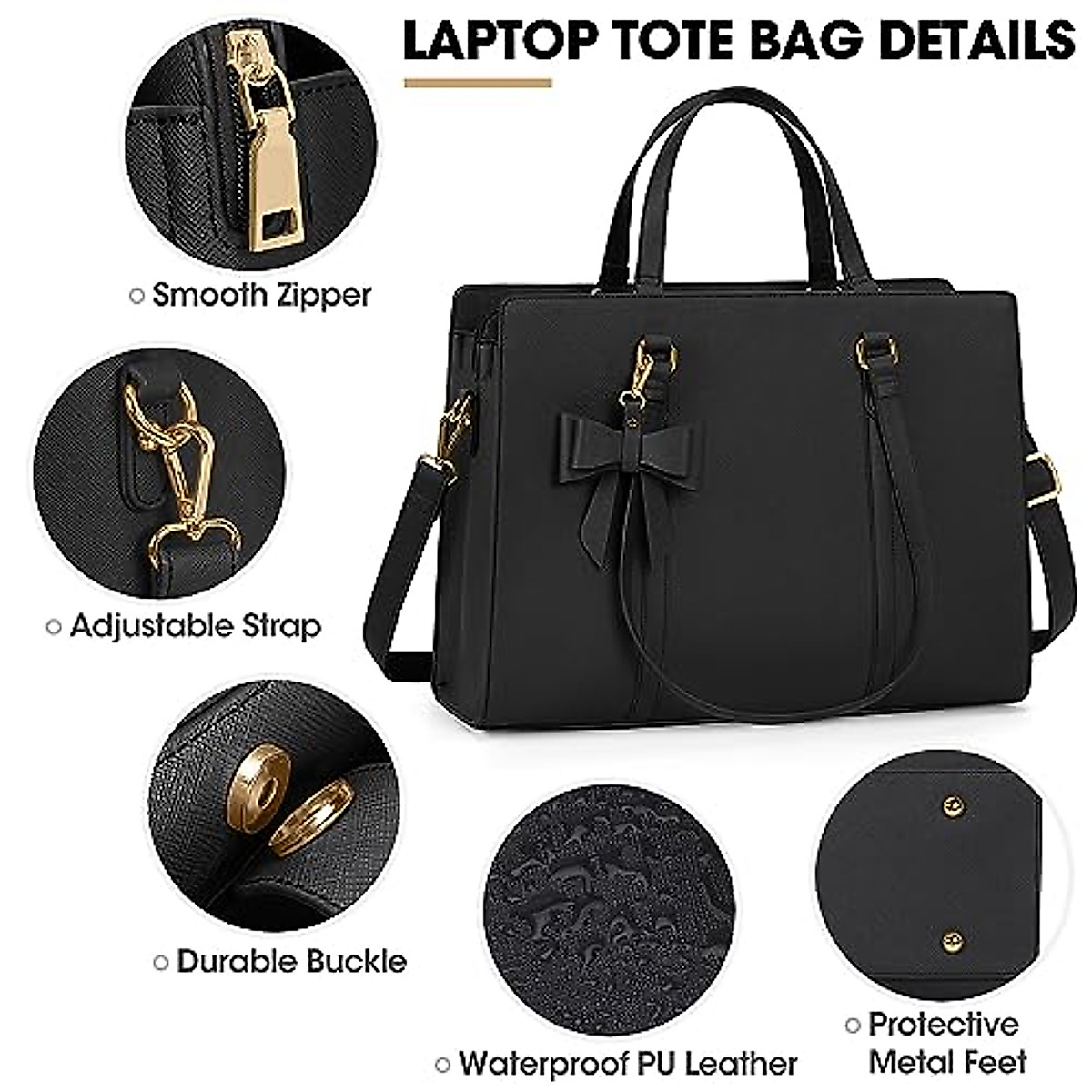 NUBILY Laptop Bag for Women 15.6 inch Laptop Tote Bag Waterproof Leather Computer Bag Lightweight Womens Briefcase Professional Business Office Work Bag Large Capacity Handbag Shoulder Bag Black